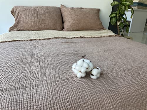 Muslin Blanket 100% Cotton, 4 Layers Bedspread, Soft Turkish Cotton Muslin Bed Cover, Reversible Coverlet, Brown (King Size 95x102-230x260cm)
