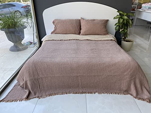 Muslin Blanket 100% Cotton, 4 Layers Bedspread, Soft Turkish Cotton Muslin Bed Cover, Reversible Coverlet, Brown (King Size 95x102-230x260cm)