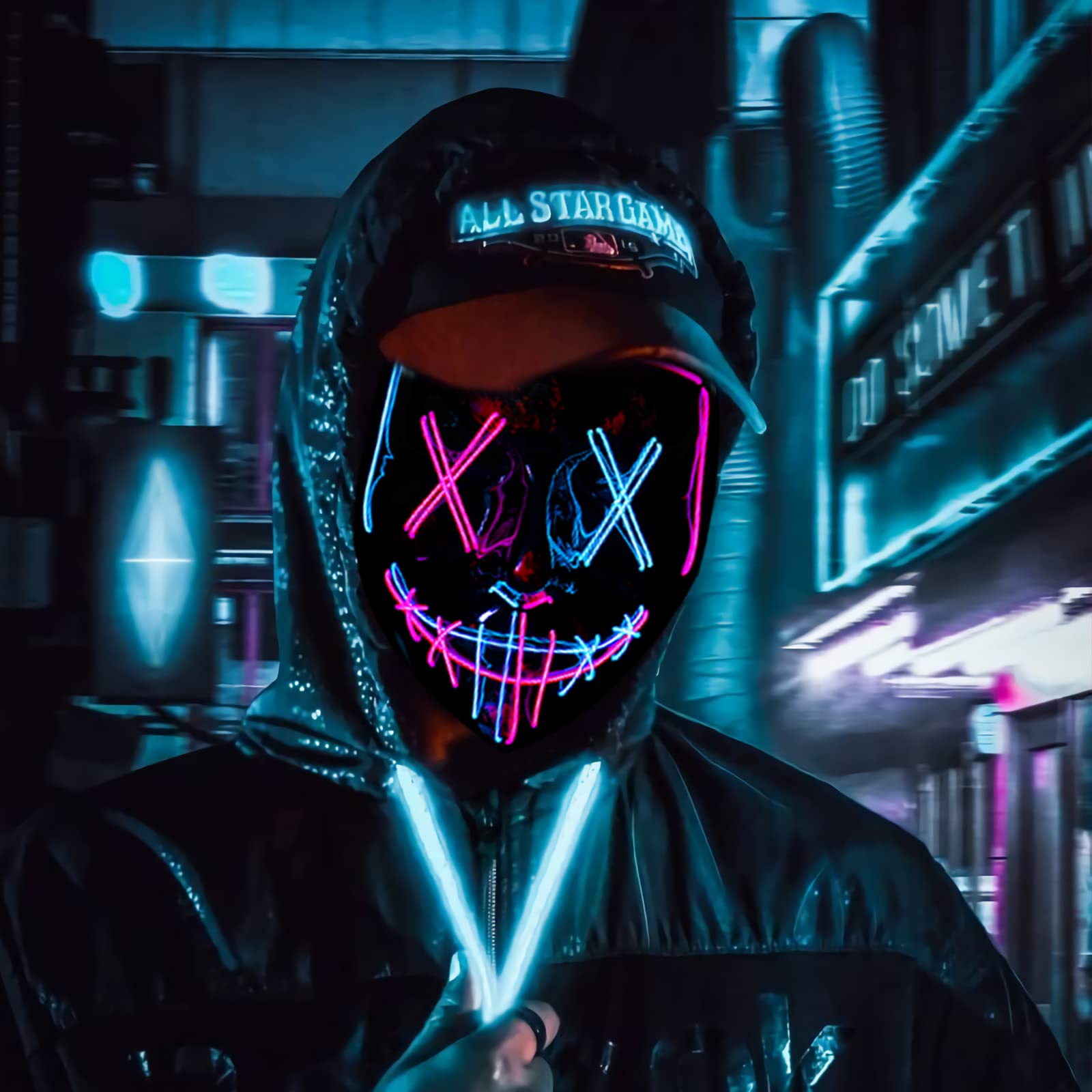 Poptrend Halloween Mask LED Light up Mask Scary mask for Festival Cosplay Halloween Costume Masquerade Parties,Carnival,Gift (Pink+ice Blue)