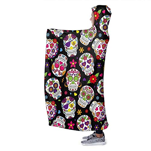 JASMODER Sugar Skull Hoodie Blanket Wearable Throw Blankets for Couch Blanket Hooded for Baby Kids Men Women