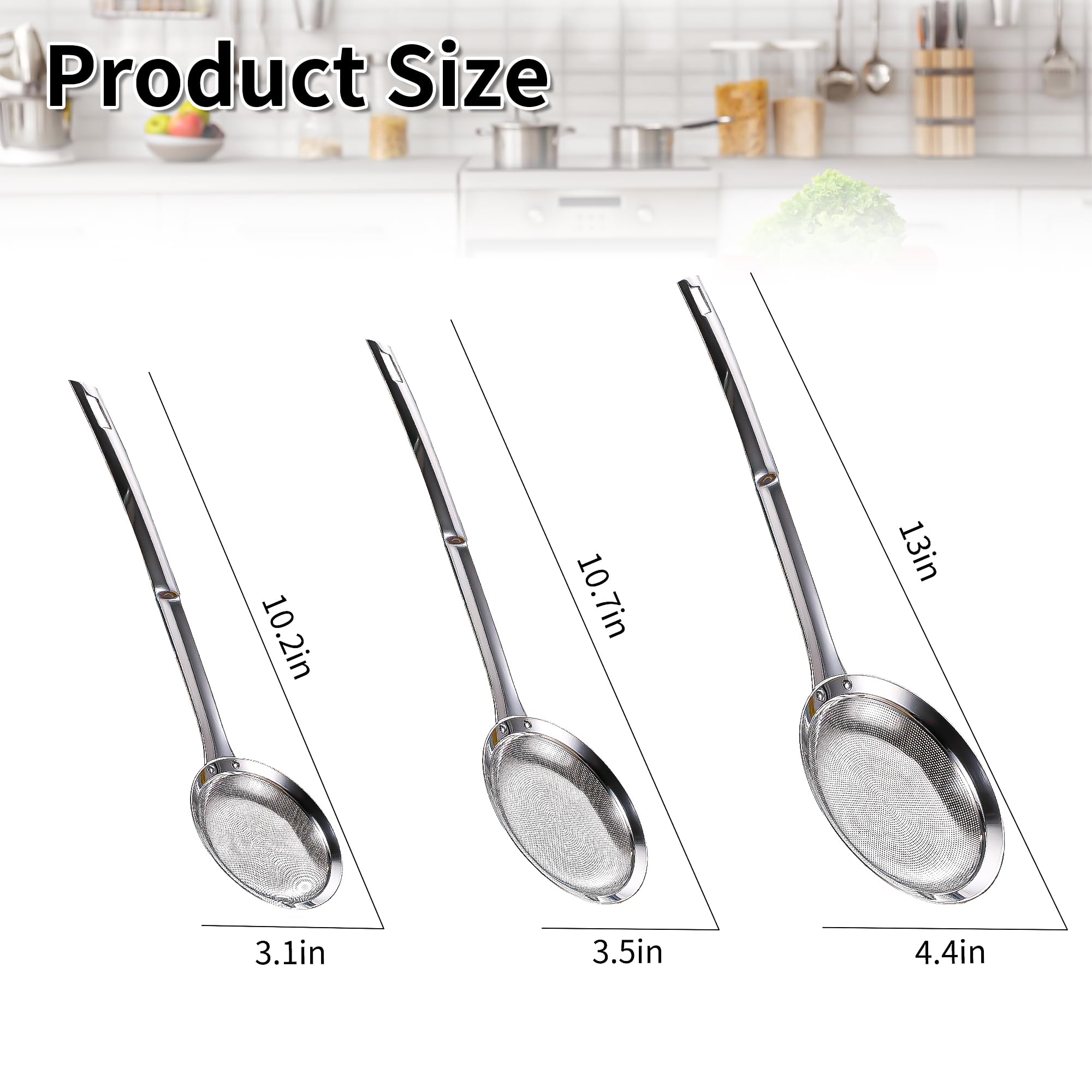 Stainless Steel Fine Mesh Strainer, Set of 3 Sizes Fine Mesh Sieve for Kitchen Cooking, Long Handle Food Strainer Steel Colander (Set of 3 Sizes)