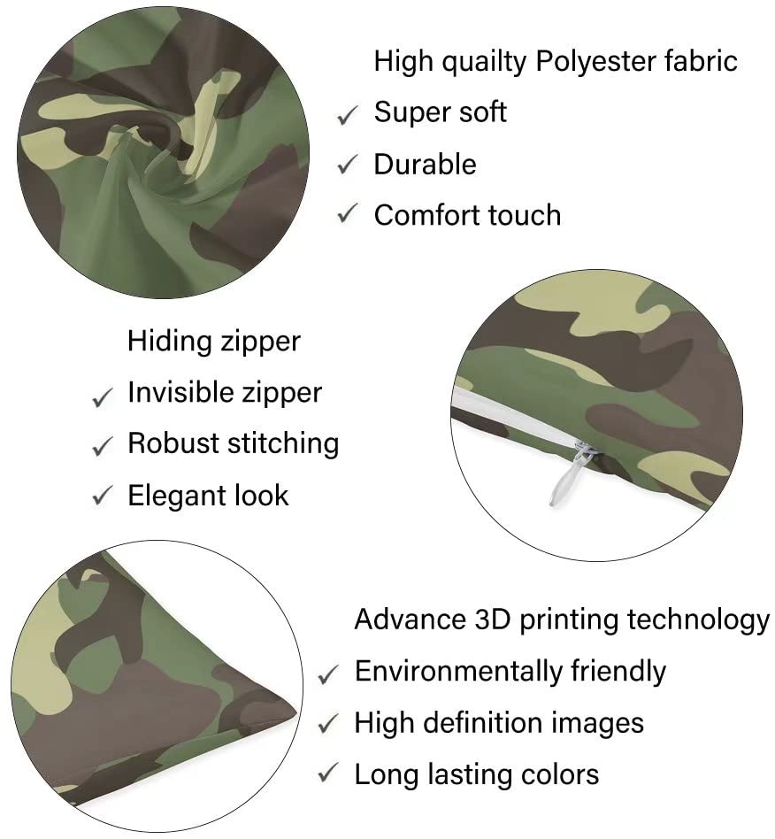 Camouflage Body Pillow Cover Military Army Green Camo Hunting Forest Long Pillow Case Protector with Zipper Decorative Soft Large Pillow Cases Covers Cushion for Bedding,Couch,Sofa,Home Gift 20"x54"