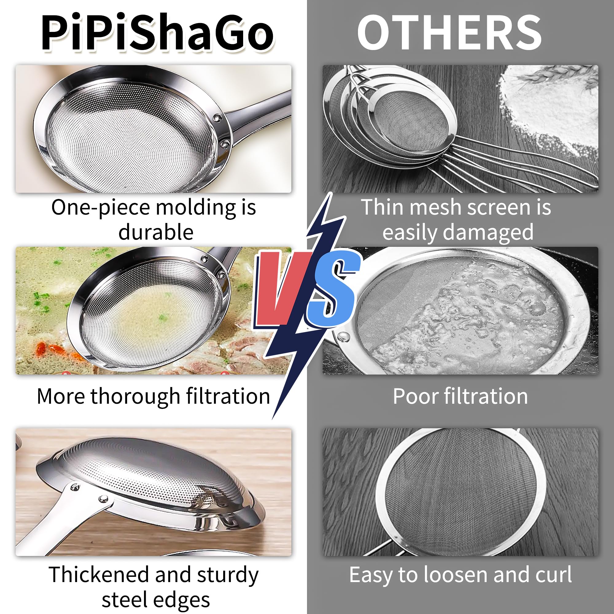 Stainless Steel Fine Mesh Strainer, Set of 3 Sizes Fine Mesh Sieve for Kitchen Cooking, Long Handle Food Strainer Steel Colander (Set of 3 Sizes)