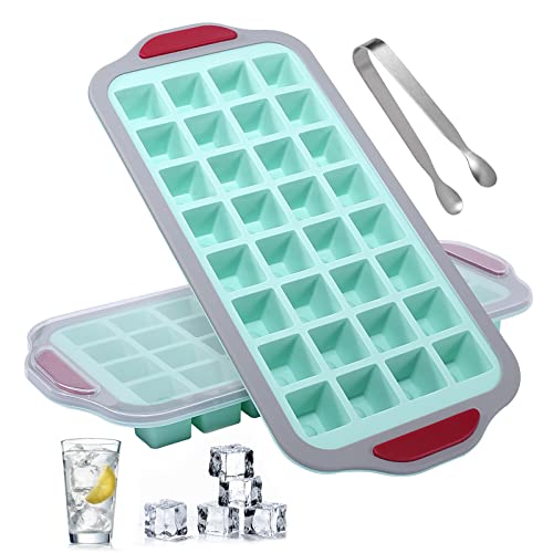 JBYAMUS Ice Cube Trays with Lid, 2 Pack Ice Cube Trays for Freezer, Hard Frame Design is Easy to Pick up Without Deforming and Spilling, Soft Silicone Base, Easy to Release and BPA Free. (Green)