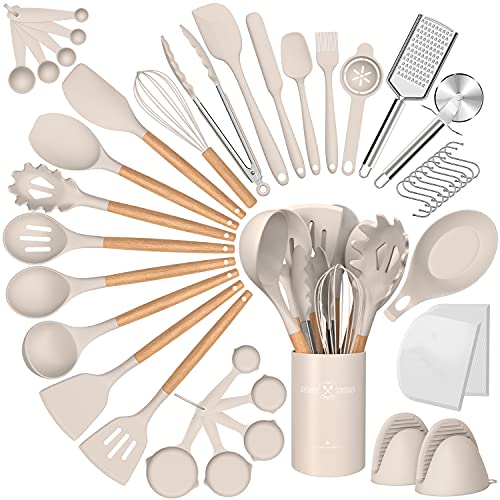 Silicone Cooking Utensils Set, 43Pcs Non-Stick Heat Resistant Kitchen Utensils Spatula Set with Wooden Handle for Baking, Cooking, and Mixing, Best Kitchen Gadgets Tools with Holder (Khaki)