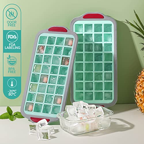 JBYAMUS Ice Cube Trays with Lid, 2 Pack Ice Cube Trays for Freezer, Hard Frame Design is Easy to Pick up Without Deforming and Spilling, Soft Silicone Base, Easy to Release and BPA Free. (Green)