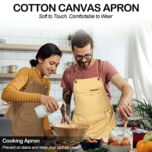 Chef Apron for Men Women with Pockets, Cross Back Apron for Kitchen Cooking Baking Artist Painting, Cotton Canvas Work Aprons for Shop, Garden, Restaurant, Cafe, M to XXL (Brown, 1pc Gift Box Pack)