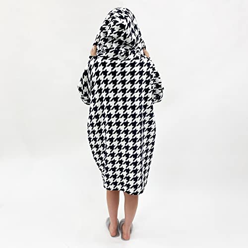 Dreamscene Houndstooth Oversized Zip-Up Hooded Blanket Sherpa Fleece Wearable Adult Hoodie Womens Sweatshirt Jumper, Black White