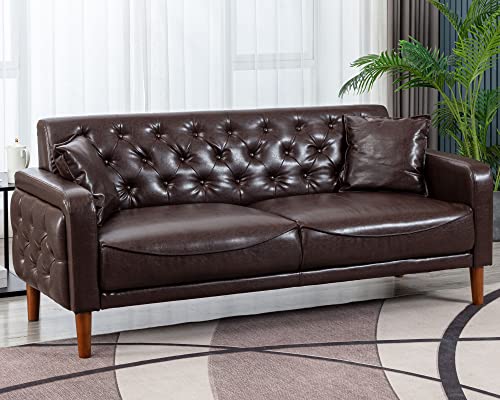 Aoowow Faux Leather Sofas and Couches 78 Inches Long, Mid Century Modern Couch Tufted Back Sofa with 2 Throw Pillows, Armrest and Wooden Legs for Living Room, Apartment, Bedroom (Brown)
