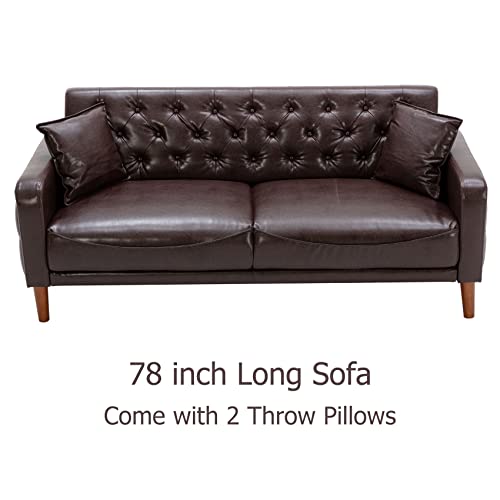 Aoowow Faux Leather Sofas and Couches 78 Inches Long, Mid Century Modern Couch Tufted Back Sofa with 2 Throw Pillows, Armrest and Wooden Legs for Living Room, Apartment, Bedroom (Brown)