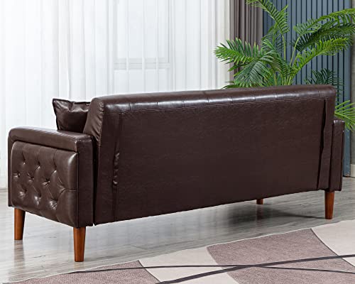 Aoowow Faux Leather Sofas and Couches 78 Inches Long, Mid Century Modern Couch Tufted Back Sofa with 2 Throw Pillows, Armrest and Wooden Legs for Living Room, Apartment, Bedroom (Brown)