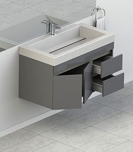 Lift Bridge Kitchen & Bath Assembled Wall-Mount Floating Bathroom Vanity with White Cultured Marble Top Sink Set, 37 in. W x 19 in. D x 29 in. H in Gray with Viteli + Genova Top