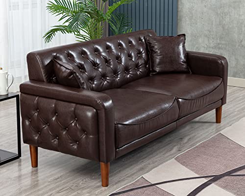Aoowow Faux Leather Sofas and Couches 78 Inches Long, Mid Century Modern Couch Tufted Back Sofa with 2 Throw Pillows, Armrest and Wooden Legs for Living Room, Apartment, Bedroom (Brown)