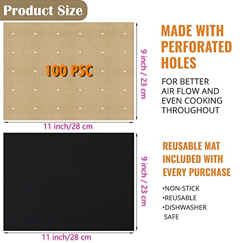 WMKGG 100 PCS Unbleached Air Fryer Parchment Paper, 11 x 9 inch Perforated Rectangular Air Fryer Toaster Oven Disposable Liners for Cuisinart, Ninja Foodi, Breville, Gowise, Black Decker