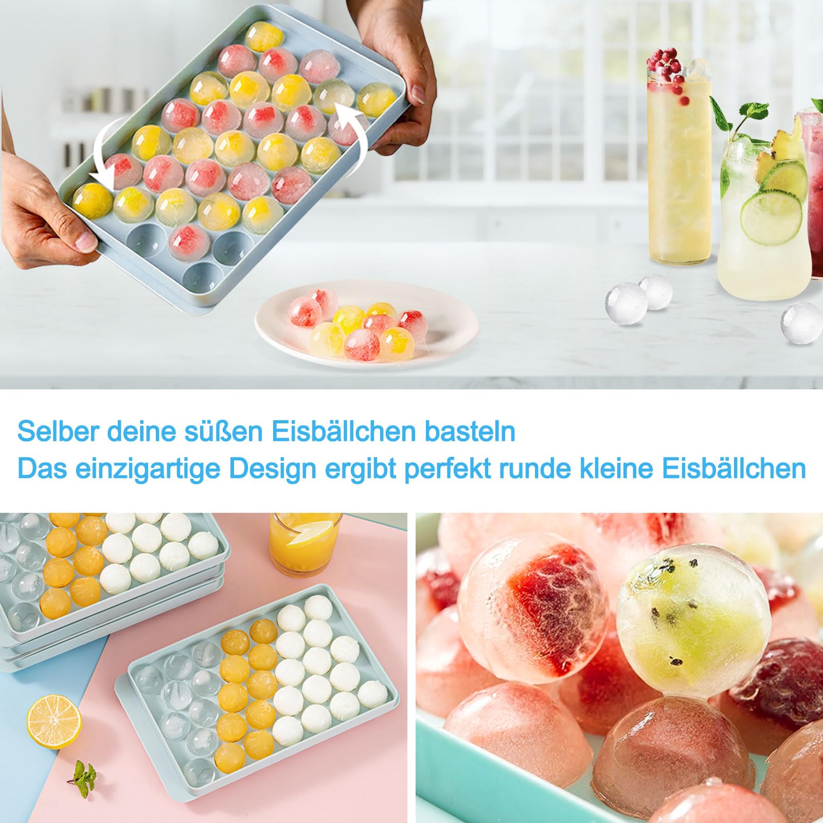 Miaowoof Mini Ice Cube Tray Balls,Round Ice Ball Maker Mold for Freezer,Sphere Ice Cube Tray Making 1In X 99PCS Ice Chilling Cocktail Whiskey Tea Coffee(3Pack Blue Ice trays & Ice Bin & Ice tong)