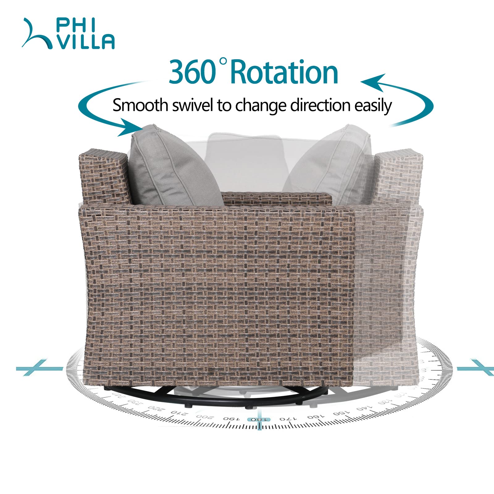 PHI VILLA Outdoor Swivel Rattan Sofa Set of 2, Patio Wicker Sofa Rocking Outdoor Club Chairs with Beige Cushions for Porch Deck Courtyard, Olive Brown