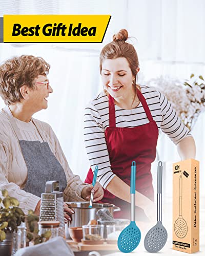 Kitchen Ladle Strainer Set of 2 Large Slotted Spoon with High Heat Resistant BPA Free Non Stick Cooking Skimmers For Draining & Frying (Grey and Teal Blue)
