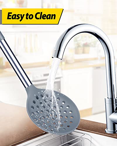 Kitchen Ladle Strainer Set of 2 Large Slotted Spoon with High Heat Resistant BPA Free Non Stick Cooking Skimmers For Draining & Frying (Grey and Teal Blue)