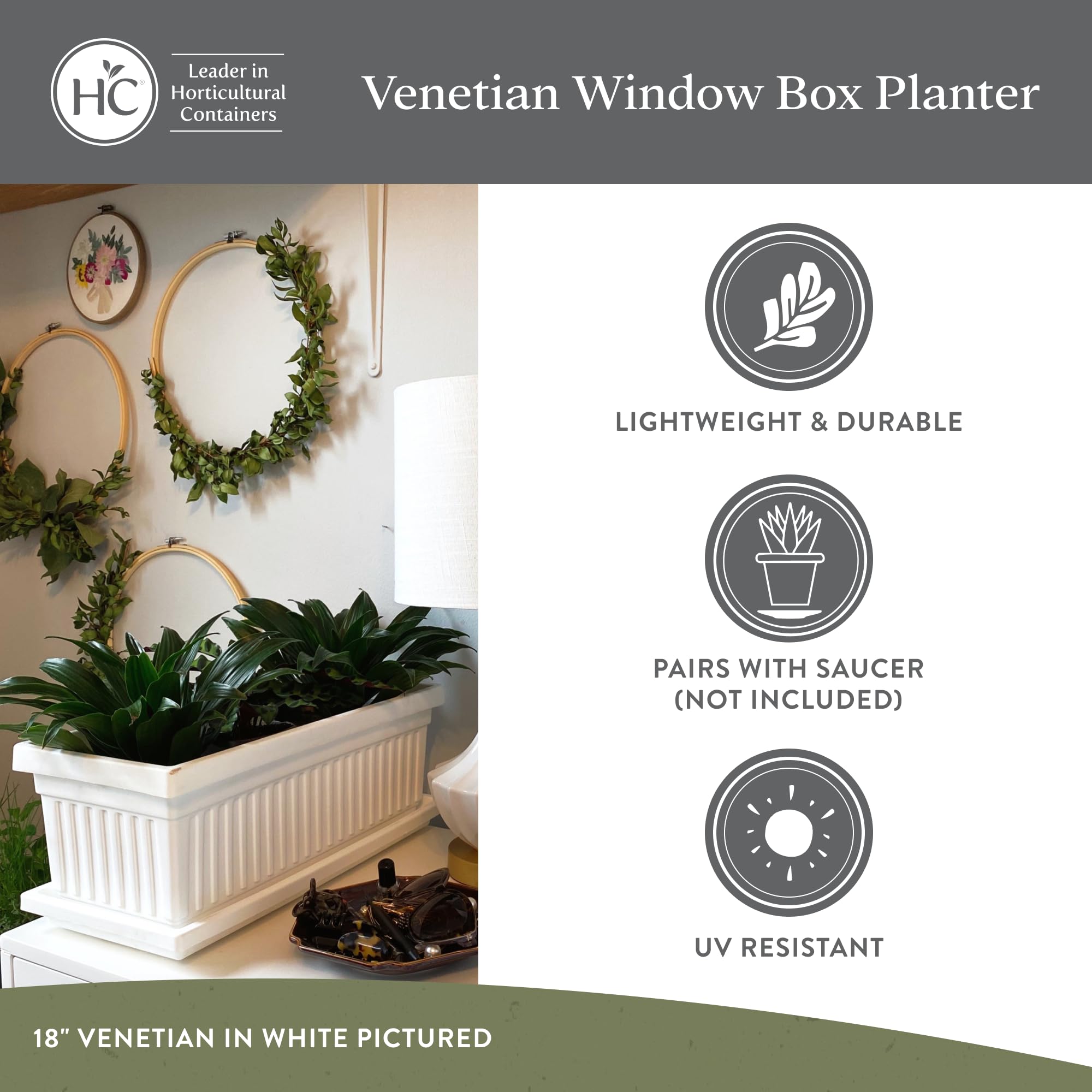 The HC Companies 30 Inch Venetian Rectangular Window Planter Box - Lightweight Plastic Indoor Outdoor Plant Pot with Drainage for Windowsill, Herbs, Flowers, Black