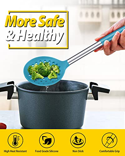Kitchen Ladle Strainer Set of 2 Large Slotted Spoon with High Heat Resistant BPA Free Non Stick Cooking Skimmers For Draining & Frying (Grey and Teal Blue)