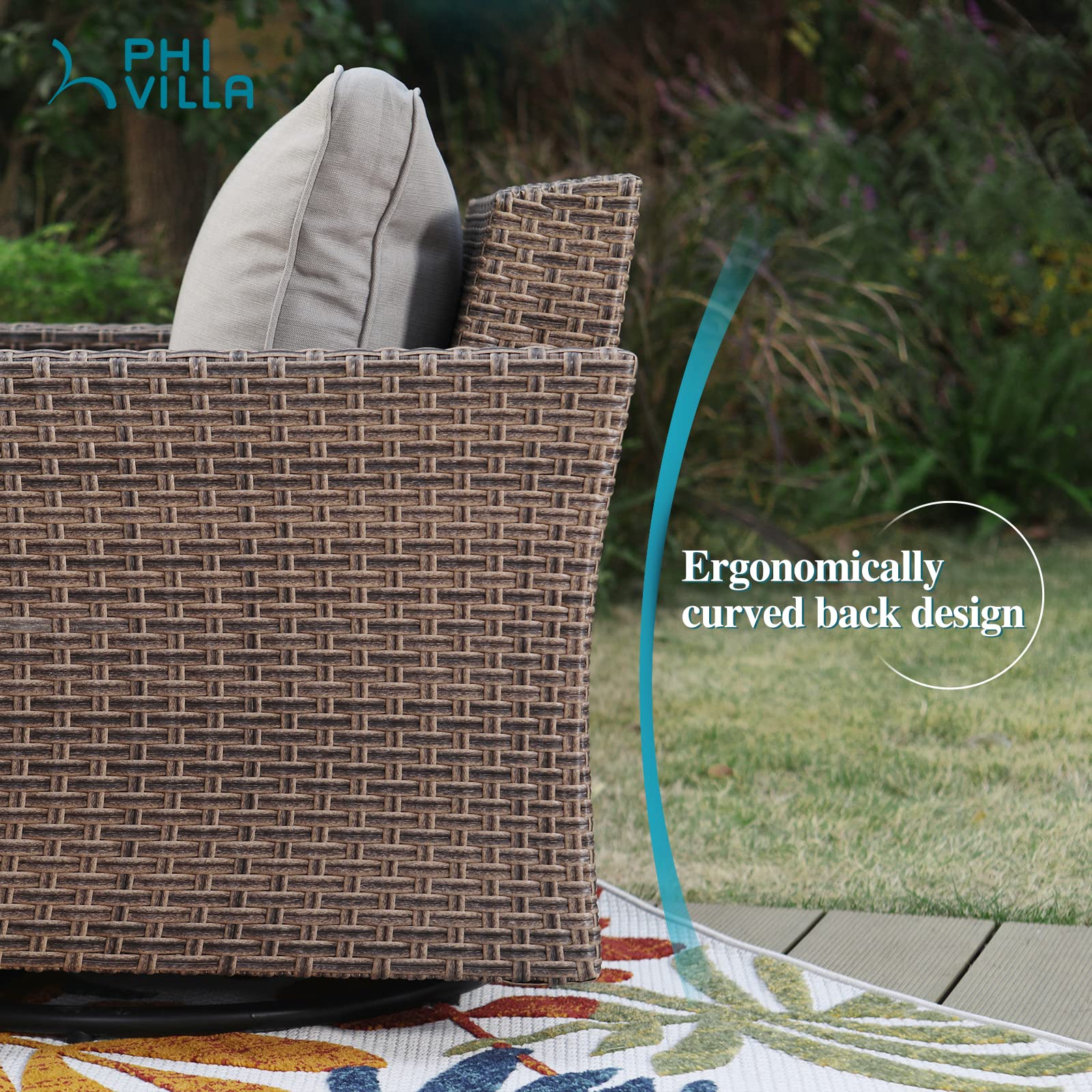 PHI VILLA Outdoor Swivel Rattan Sofa Set of 2, Patio Wicker Sofa Rocking Outdoor Club Chairs with Beige Cushions for Porch Deck Courtyard, Olive Brown