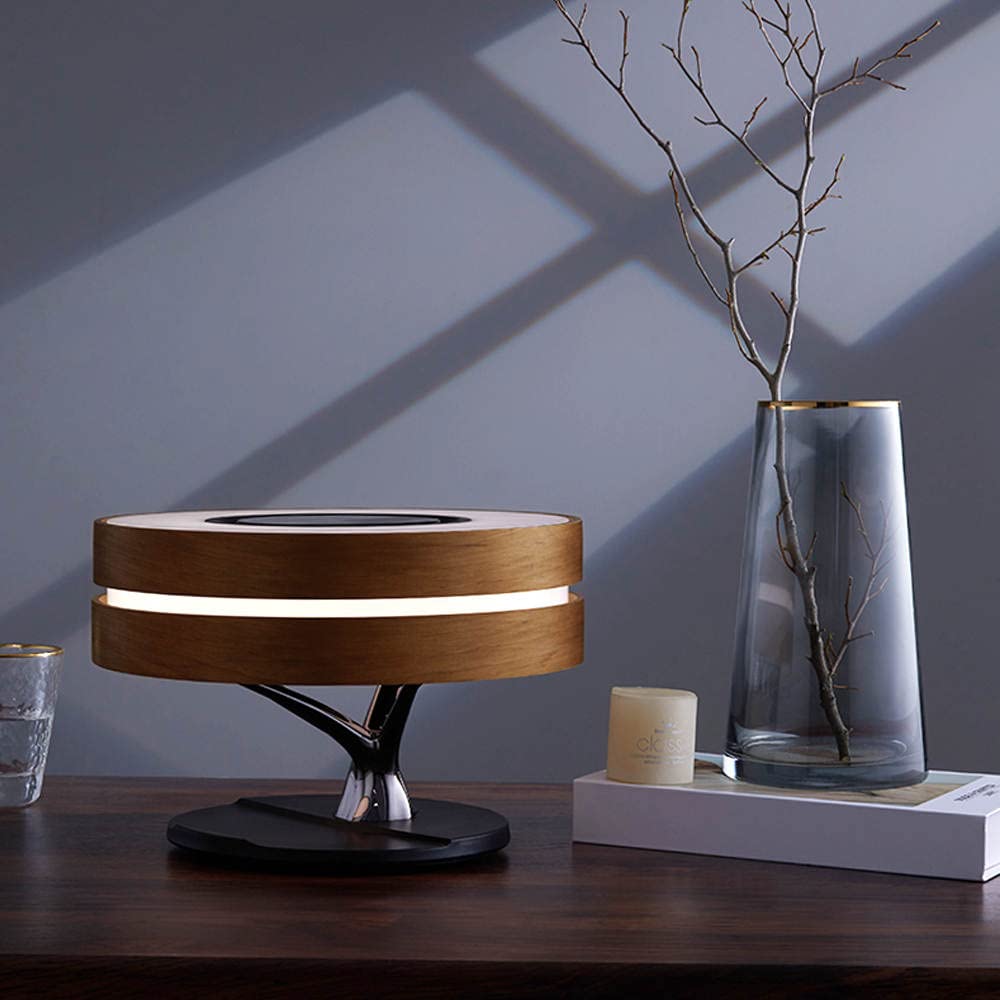MODIRNATION Bonsai Modern LED Bedside Smart Table Lamp with Built-in TWS Bluetooth Speaker and Qi Wireless Charger for Home and Office, Stepless Dimming with Sleep Mode (Circle of Light)