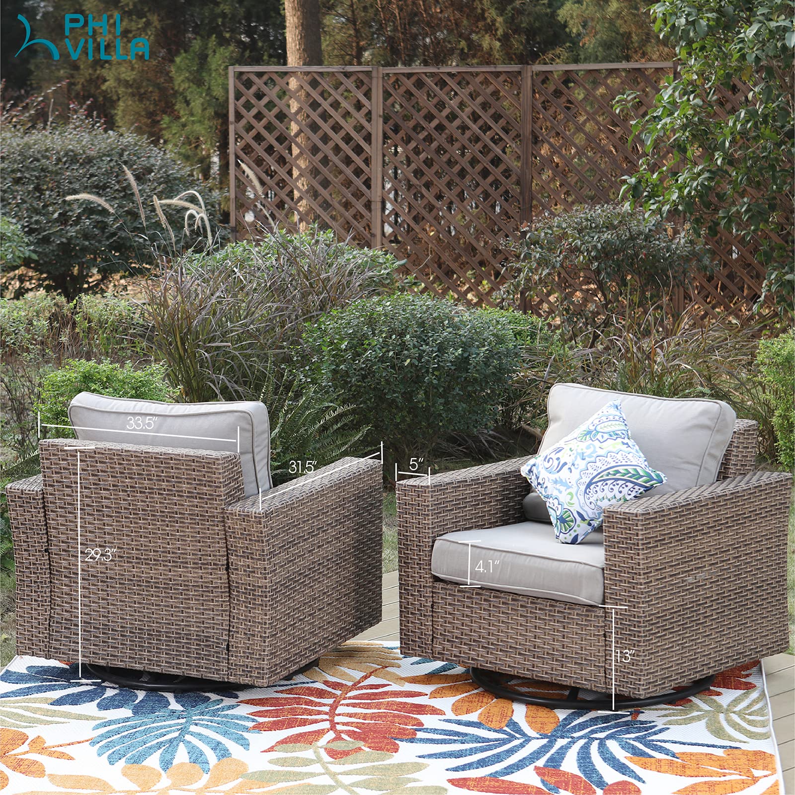 PHI VILLA Outdoor Swivel Rattan Sofa Set of 2, Patio Wicker Sofa Rocking Outdoor Club Chairs with Beige Cushions for Porch Deck Courtyard, Olive Brown