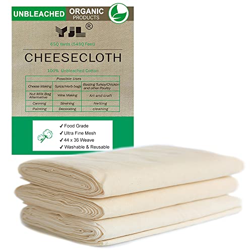 YJL Cheesecloth for Straining, 54 Sq Feet, 100% Cotton Grade 90 Unbleached Cheesecloth, Fine Cheesecloth | 6 Yards Cheese cloths for Cooking | Straining | Canning | Steaming and Reusable Cheesecloth