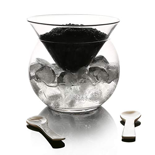 DUEBEL Glass Caviar Chiller Server Set Plus 2 pcs. x Mother of Pearl Caviar Spoon 3.15" – Universal Martini, Wine, Liquor Cocktail Chiller