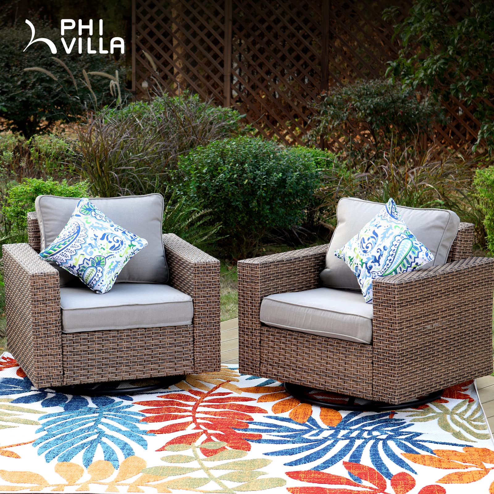 PHI VILLA Outdoor Swivel Rattan Sofa Set of 2, Patio Wicker Sofa Rocking Outdoor Club Chairs with Beige Cushions for Porch Deck Courtyard, Olive Brown