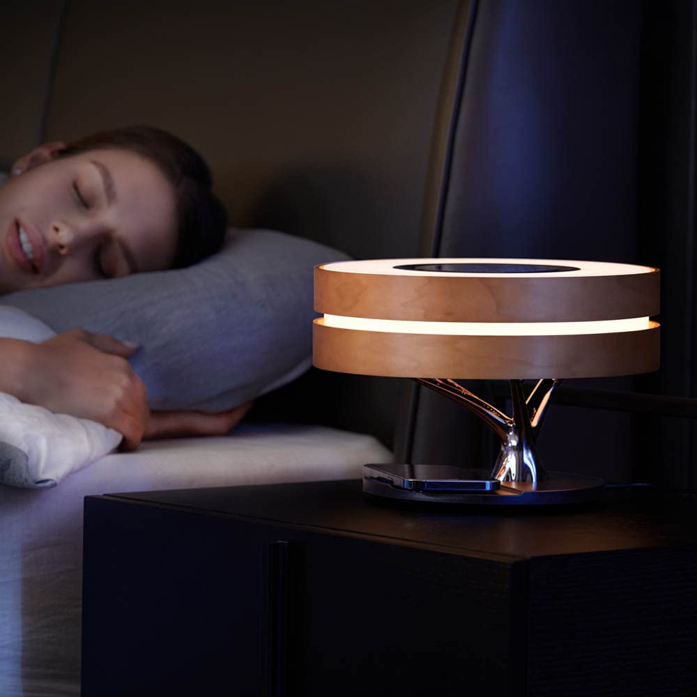 MODIRNATION Bonsai Modern LED Bedside Smart Table Lamp with Built-in TWS Bluetooth Speaker and Qi Wireless Charger for Home and Office, Stepless Dimming with Sleep Mode (Circle of Light)