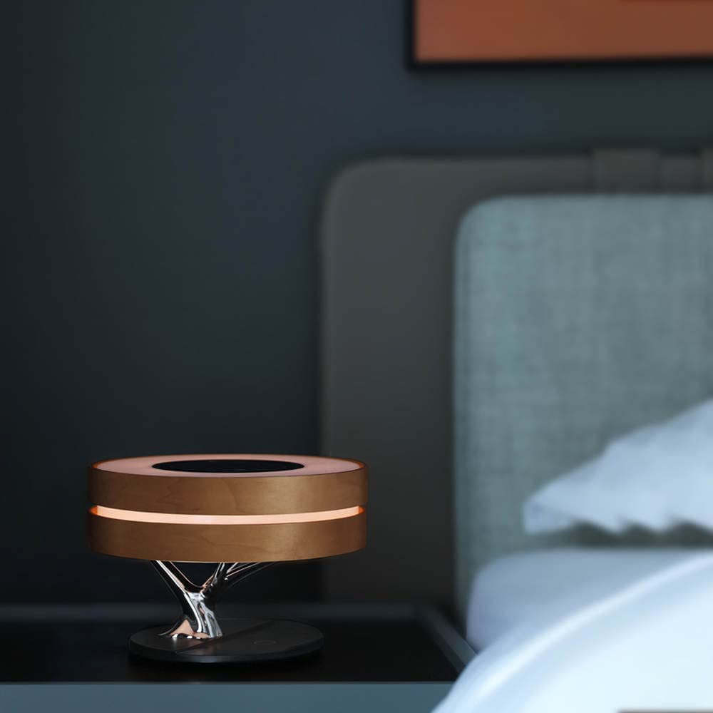 MODIRNATION Bonsai Modern LED Bedside Smart Table Lamp with Built-in TWS Bluetooth Speaker and Qi Wireless Charger for Home and Office, Stepless Dimming with Sleep Mode (Circle of Light)