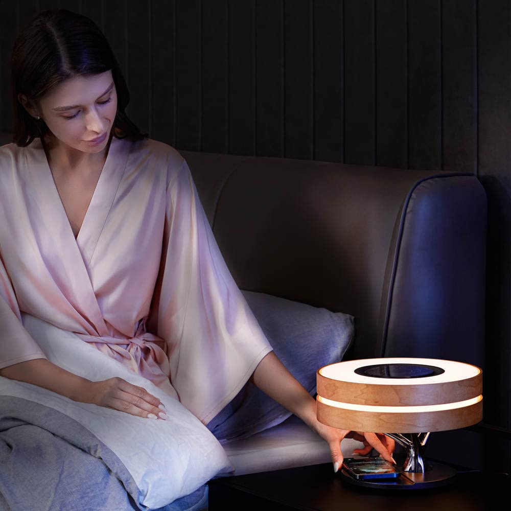 MODIRNATION Bonsai Modern LED Bedside Smart Table Lamp with Built-in TWS Bluetooth Speaker and Qi Wireless Charger for Home and Office, Stepless Dimming with Sleep Mode (Circle of Light)