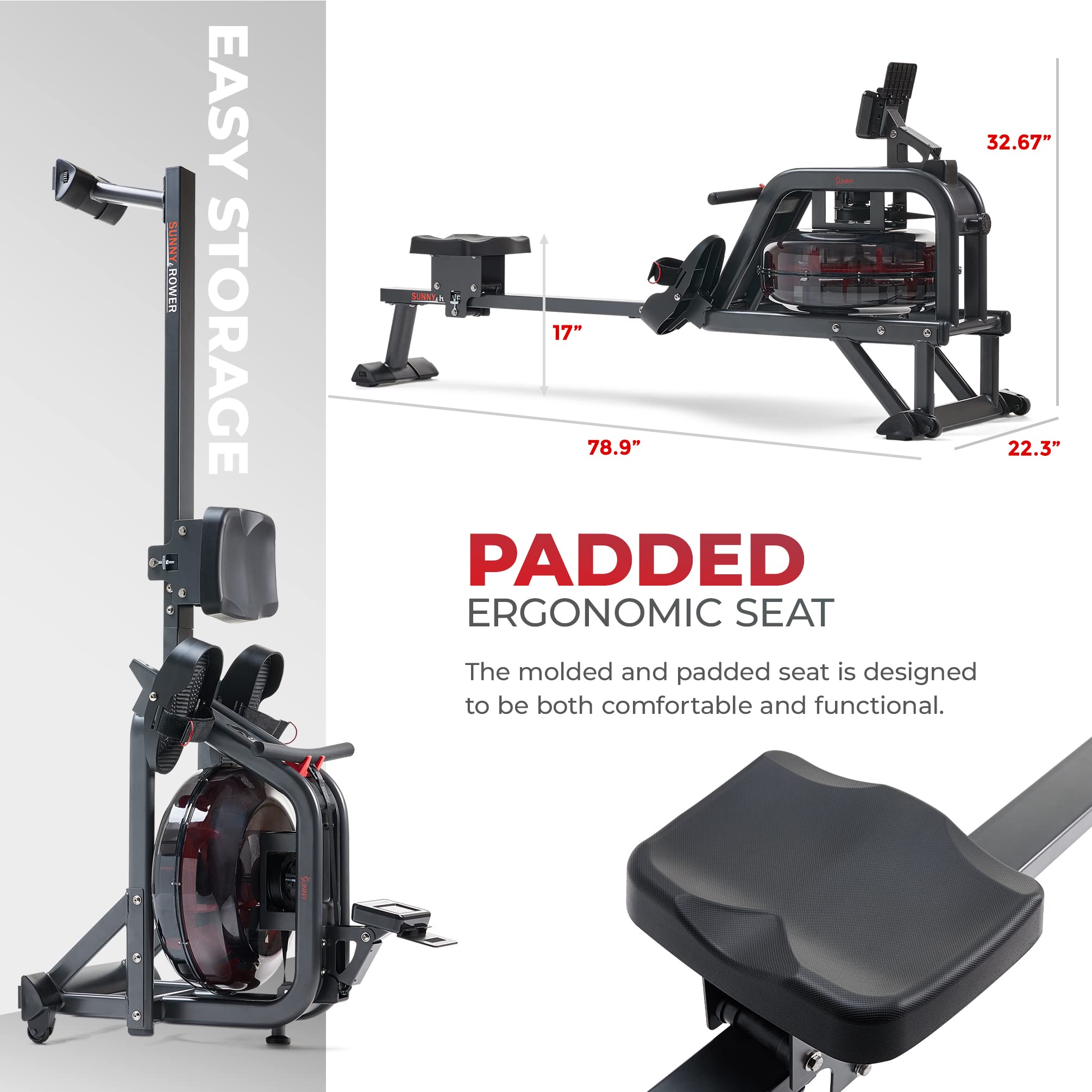 Sunny Health & Fitness Obsidian Surge Smart Water Rowing Machine with Dynamic Real-Time Resistance, Foldable 300 LB Capacity Rower with Free SunnyFit App and Extra Long Rail - SF-RW5713SMART