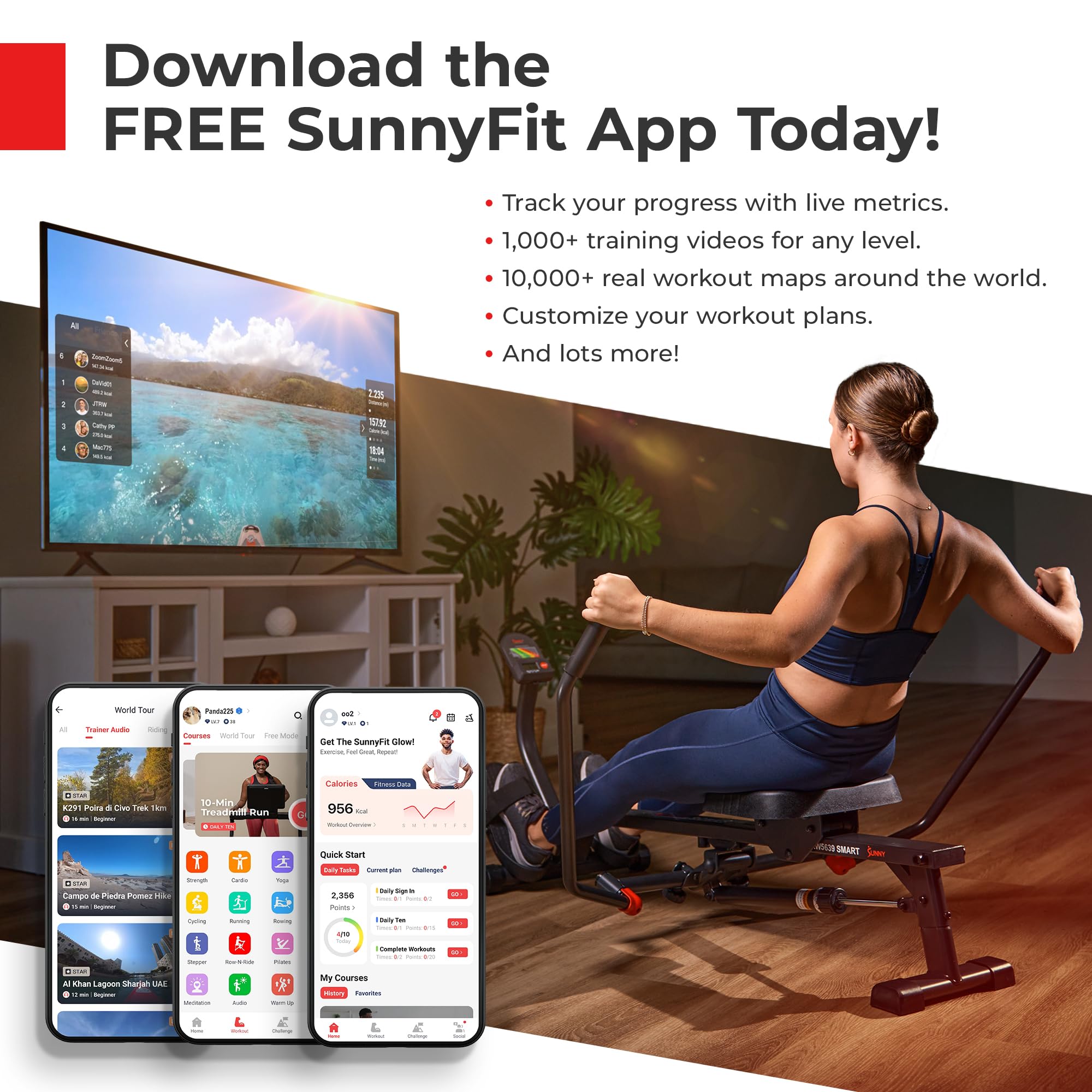 Sunny Health & Fitness Obsidian Surge Smart Water Rowing Machine with Dynamic Real-Time Resistance, Foldable 300 LB Capacity Rower with Free SunnyFit App and Extra Long Rail - SF-RW5713SMART