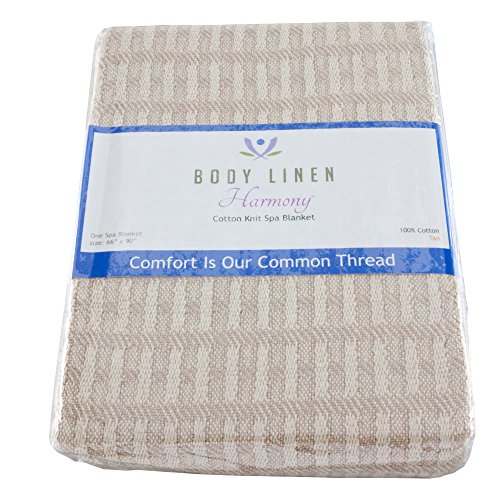 Harmony Cotton Spa and Massage Table Blankets by Body Linen. 100% Cotton, 66 by 90 Inches. Soft, Warm and Stylish. Machine Washable. Two Tone Knit Pattern, Tan and Natural.