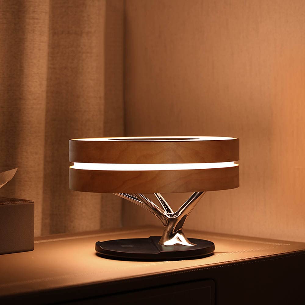 MODIRNATION Bonsai Modern LED Bedside Smart Table Lamp with Built-in TWS Bluetooth Speaker and Qi Wireless Charger for Home and Office, Stepless Dimming with Sleep Mode (Circle of Light)