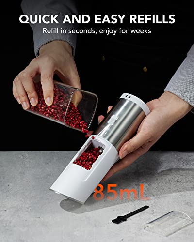 FORLIM Gravity Electric Salt and Pepper Grinder Set Battery Operated, Adjustable Coarseness, Blue LED Light, One Hand Automatic Operation, Stainless Steel Classic Black & White, 2 Mills
