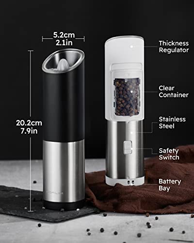 FORLIM Gravity Electric Salt and Pepper Grinder Set Battery Operated, Adjustable Coarseness, Blue LED Light, One Hand Automatic Operation, Stainless Steel Classic Black & White, 2 Mills