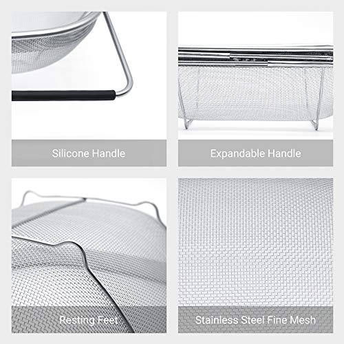 Over the Sink Colander Strainer Basket with Rubber Grip, 6 Quart Stainless Steel Vegtable Fruit Colanders Strainers with Steady Base, Expandable Metal Strainer for Kitchen Sink