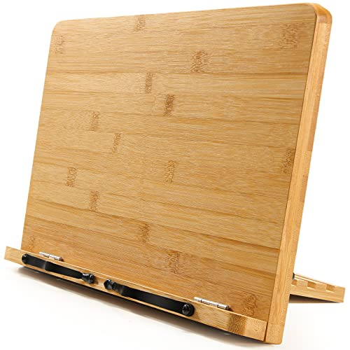 Pipishell Bamboo Book Stand, Large Cookbook Stands Reading Book Holder with 5 Adjustable Height, Foldable Wooden Cookbook Holder for Textbook, Receipe, Music Books, Tablet (13.4 x 9.5 in)