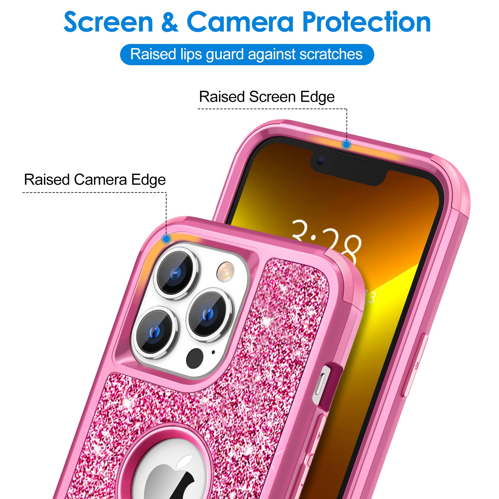 Hython Case for iPhone 13 Pro Max Case Glitter, Cute Shiny Bling Sparkle Cover, Heavy Duty 3 in 1 Hybrid Hard PC Soft TPU Bumper Full Body Shockproof Protective Phone Cases for Women Girls, Rose Red