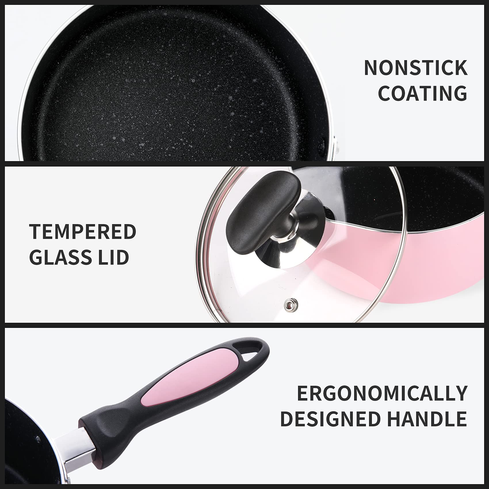 HooJay Nonstick Saucepan Set with Lid, Non Stick 1Qt & 2Qt Sauce Pan Set with Glass Lid Small Pot for Home Kitchen