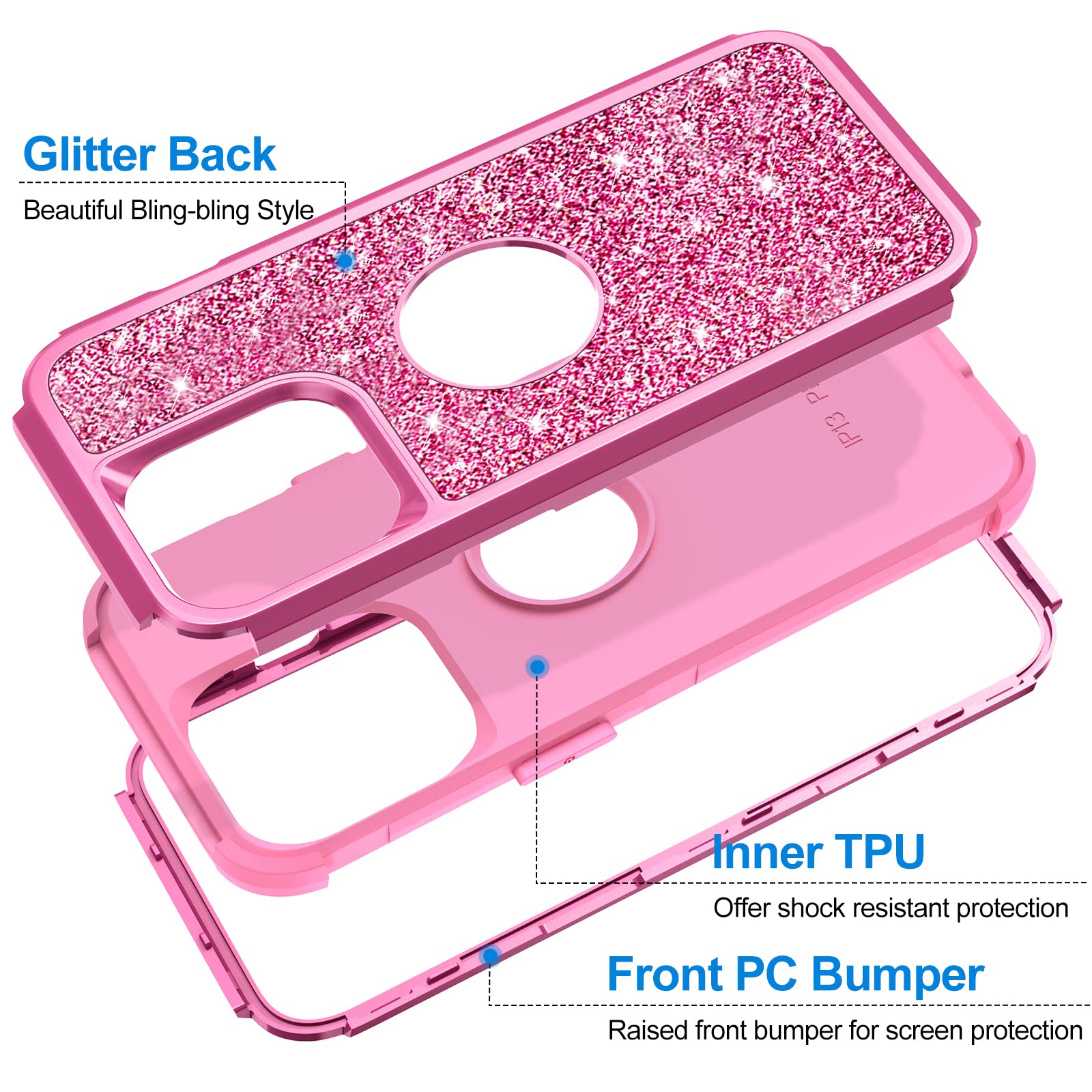 Hython Case for iPhone 13 Pro Max Case Glitter, Cute Shiny Bling Sparkle Cover, Heavy Duty 3 in 1 Hybrid Hard PC Soft TPU Bumper Full Body Shockproof Protective Phone Cases for Women Girls, Rose Red