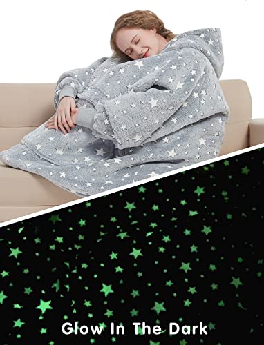 Wearable Blanket Hoodie Oversized Sherpa Blanket SweatshirtFlannel Blanket with Large Pocket Gift for Women Glow in the Dark Cute Star