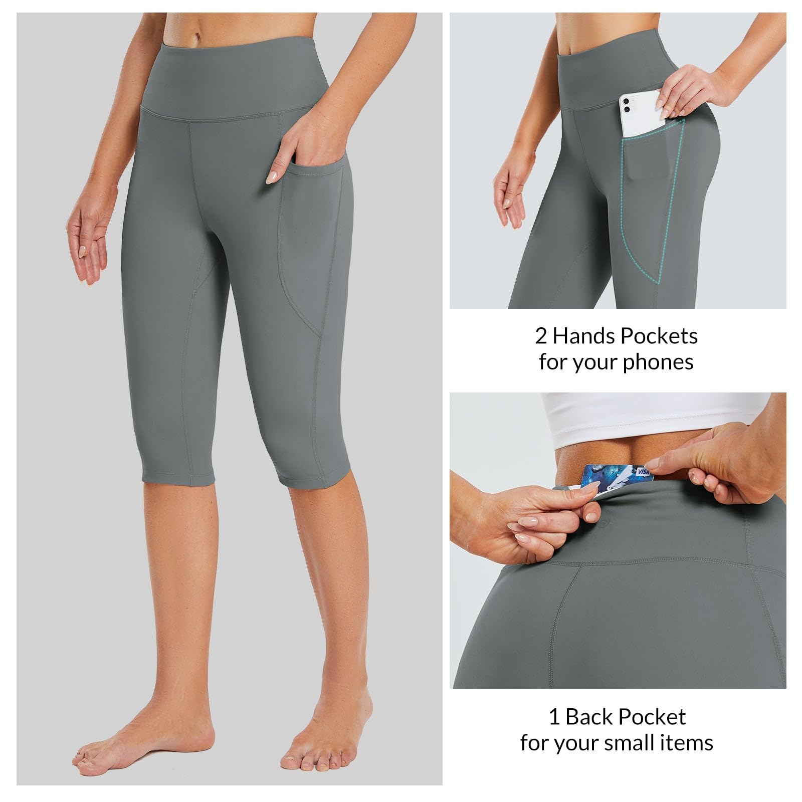 BALEAF Women's Yoga Capri Pants Knee Length Leggings High Waisted Petite Casual Workout Exercise Capris with Pockets Gray L