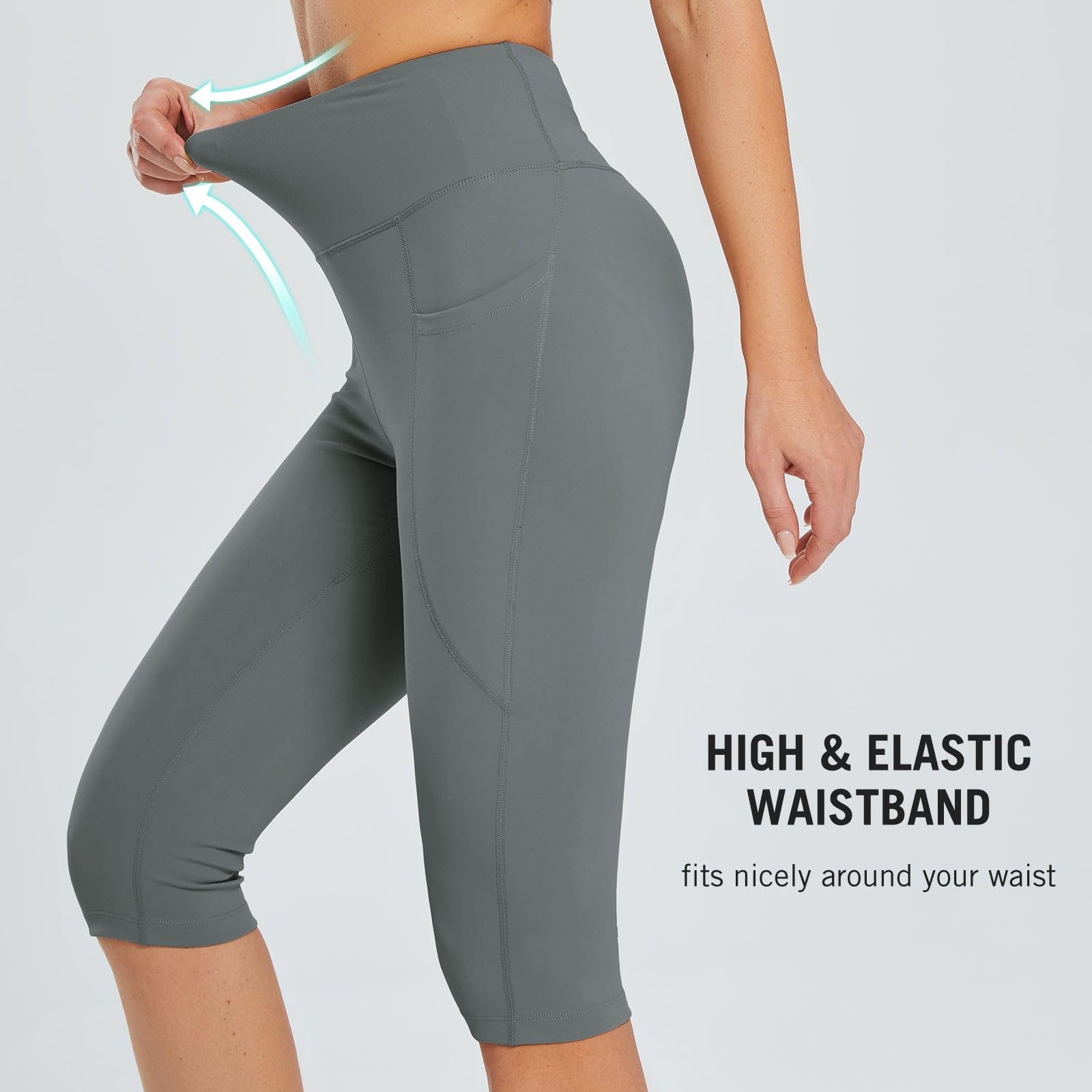 BALEAF Women's Yoga Capri Pants Knee Length Leggings High Waisted Petite Casual Workout Exercise Capris with Pockets Gray L
