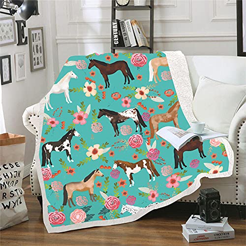 Horse Blanket Various Horse 3D Printing Throw Blanket Super Soft Flower Fleece Blanket Animal Horse Sherpa Blanket Horse Gifts for Girls and Women Sofa Couch Bed and Office (Green, 59 X 79 in)