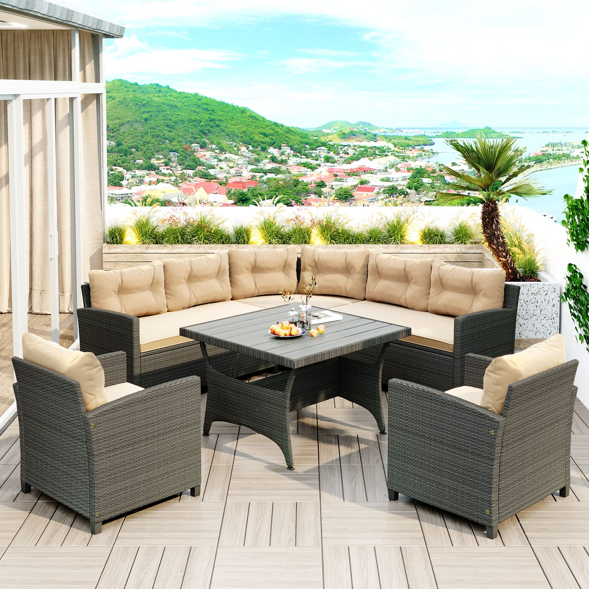 Quarte 6-Piece Outdoor Patio Furniture Sets, All-Weather Rattan Sectional Sofa with Thick Cushions/Pillows/Plywood Table Top, PE Wicker Dinning Set for Garden, Yard, Deck (Beige+6#)