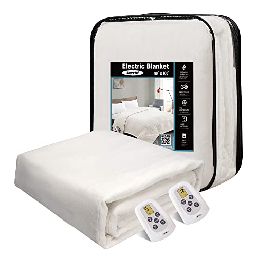 Sunvivi Heated Blanket King Size, Electric Blanket Dual Control Soft Flannel, 10 Heat Settings, 12 Hours Auto Off, Machine Washable, 5 Years Warranty, Overheat Protection, ETL Certified, Ivory